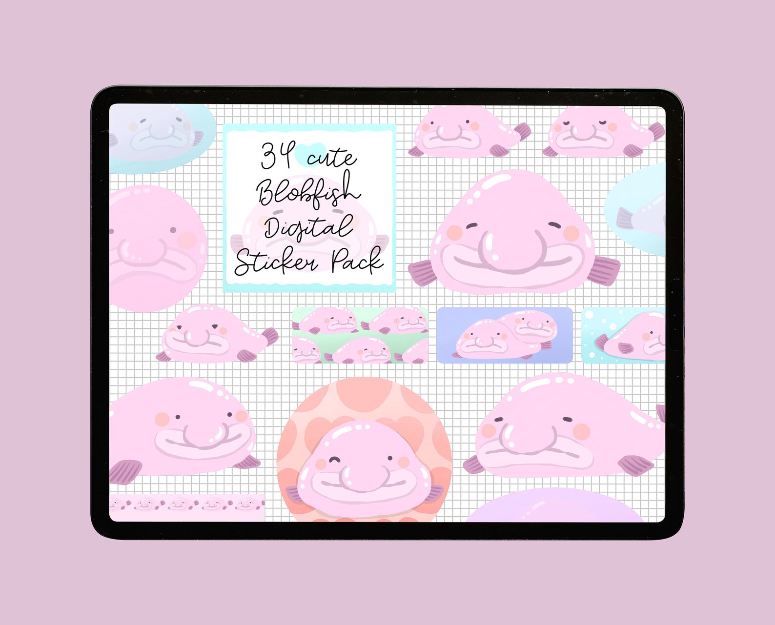 34 Cute Blobfish Digital Sticker Pack, Pink Blobfish Printable Stickers ...