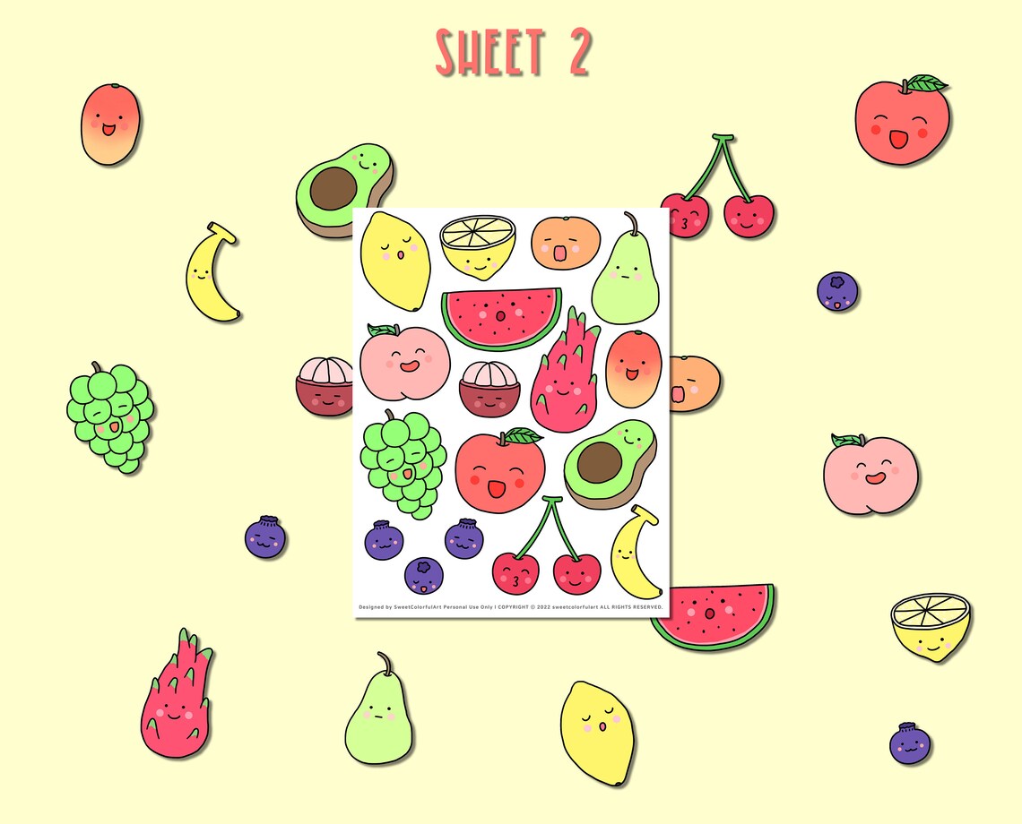 53 Cute Fruit Digital Stickers Fruit Printable Sticker - Etsy