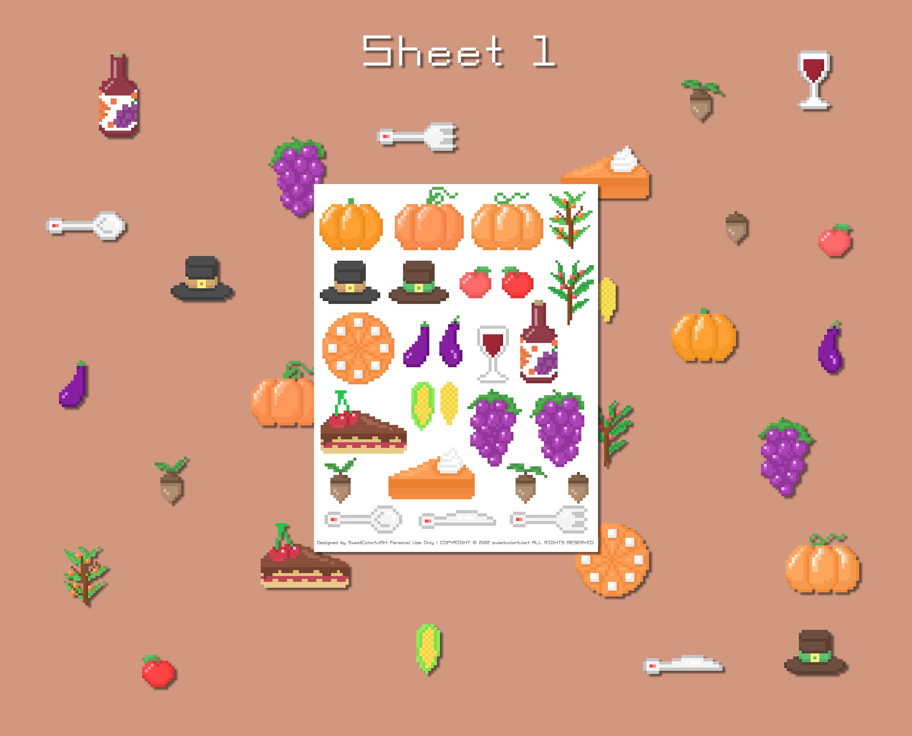 51 Thanksgiving Day Pixel Art Digital Stickers Happy - Etsy