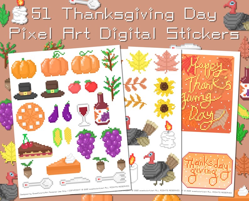 51 Thanksgiving Day Pixel Art Digital Stickers Happy - Etsy