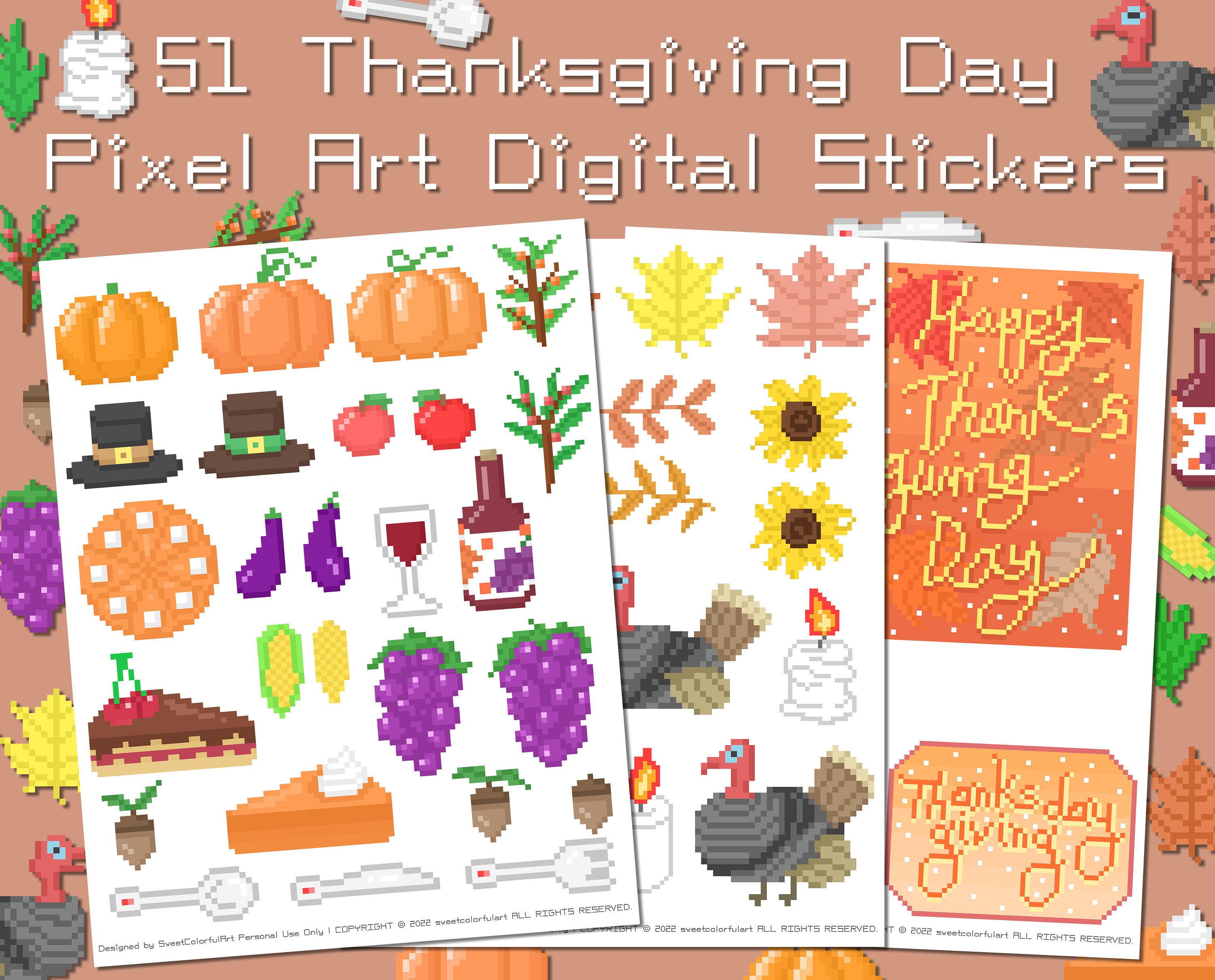 51 Thanksgiving Day Pixel Art Digital Stickers Happy - Etsy
