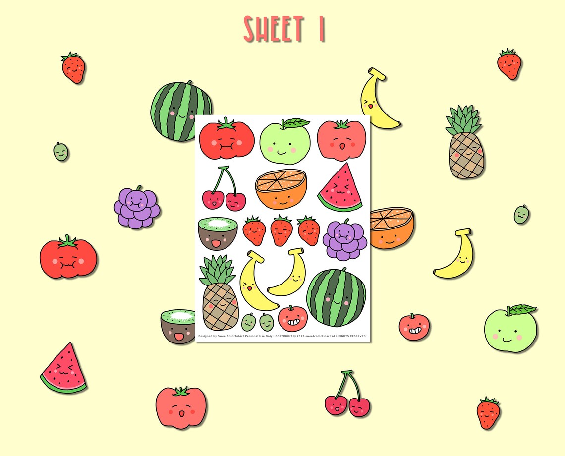 53 Cute Fruit Digital Stickers Fruit Printable Sticker - Etsy