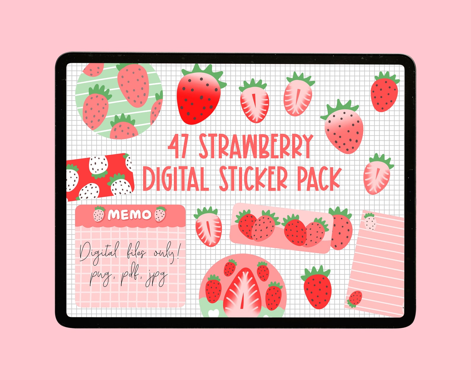 47 Strawberry Digital Sticker Pack, Cute Strawberry Printable Stickers ...