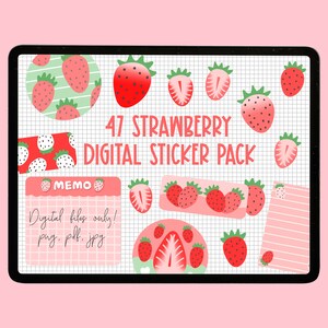 47 Strawberry Digital Sticker Pack, Cute Strawberry Printable Stickers ...