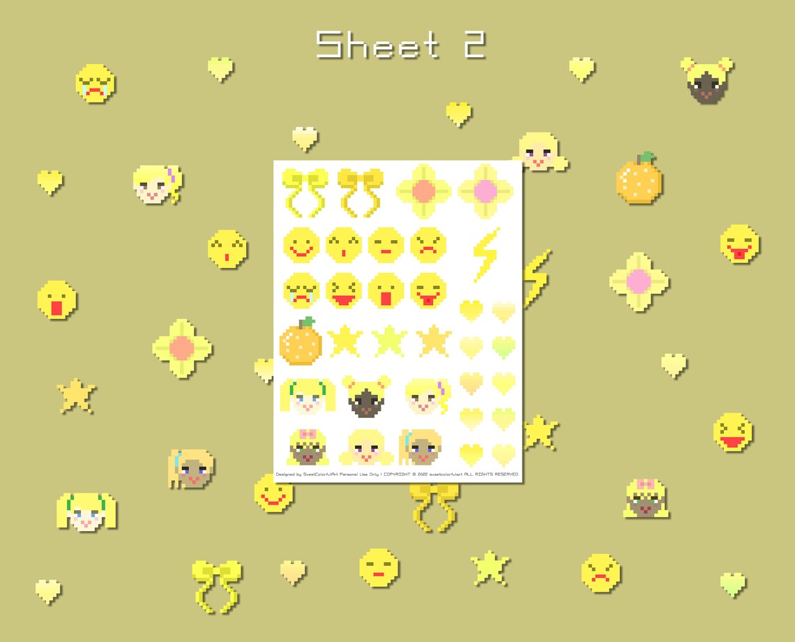 60 Yellow Pixel Art Digital Sticker Pack Cute Pixel Art - Etsy