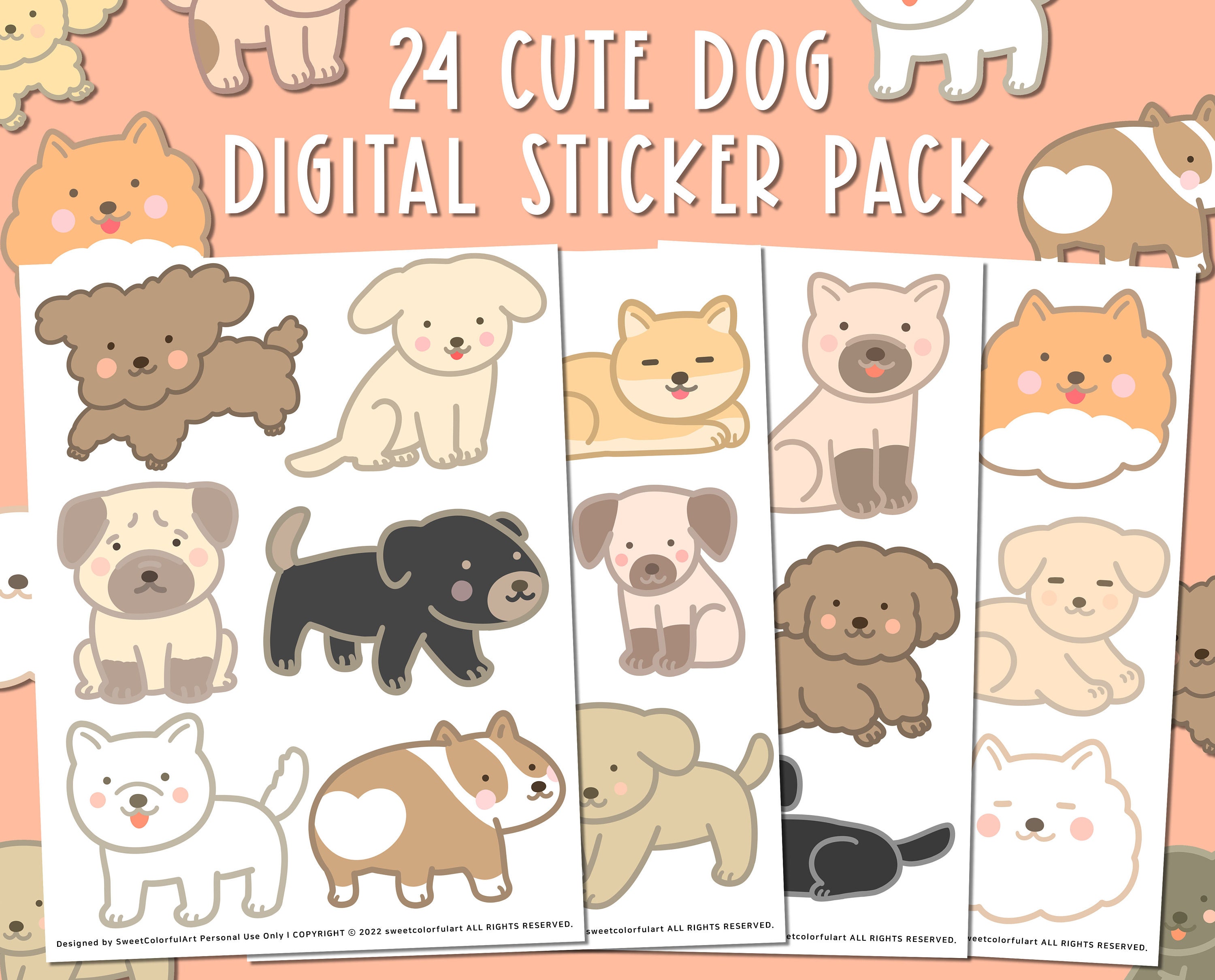24 Cute Dog Digital Sticker Pack, Cute Puppy Printable Stickers ...