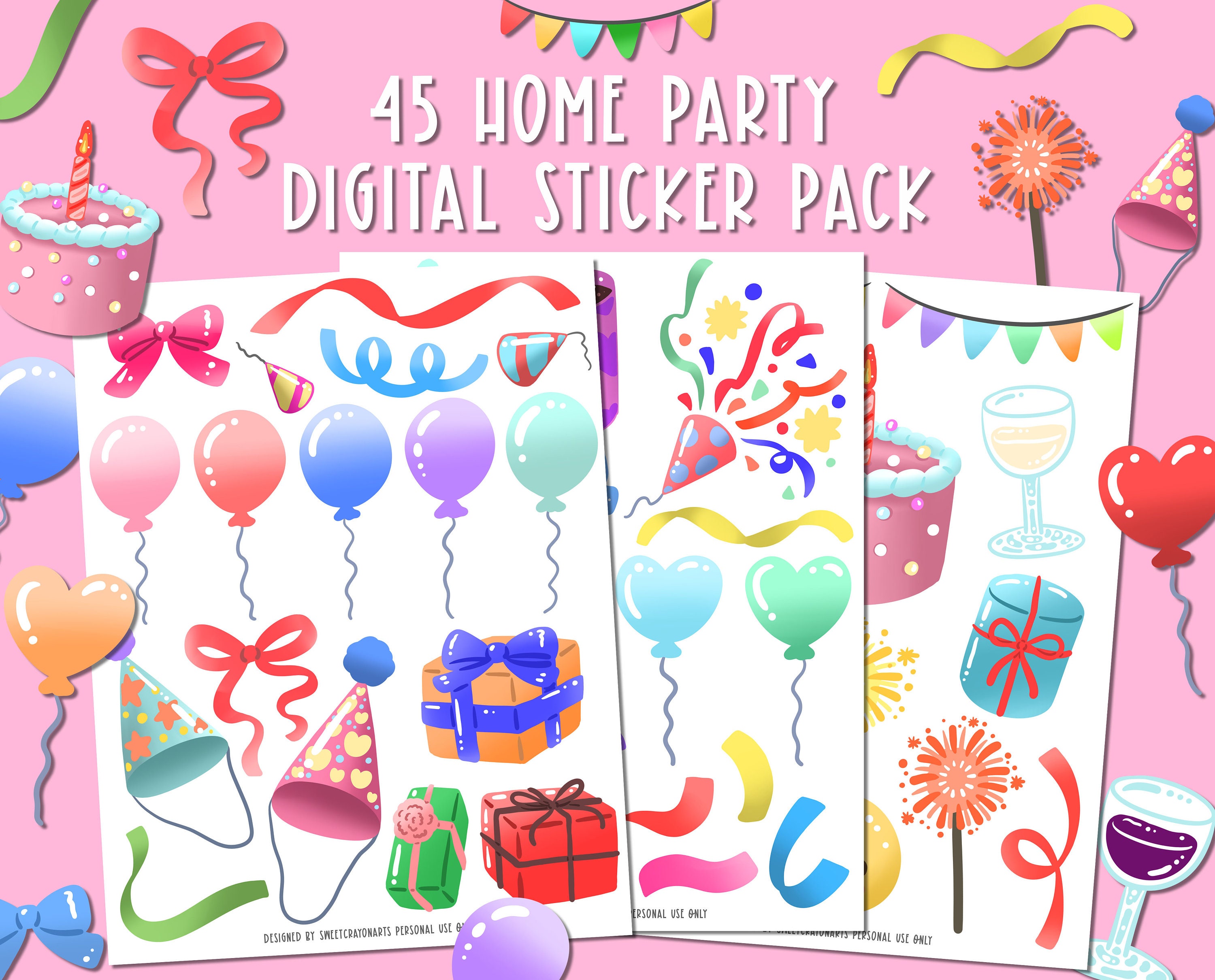 45 Home Party Digital Sticker Pack, Printable Stickers, Confetti ...