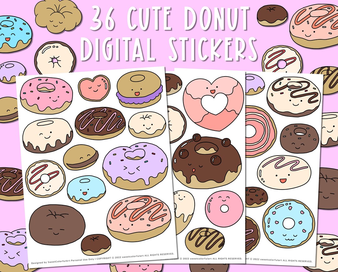 36 Cute Donut Digital Stickers, Cute Doughnut Printable Stickers, Cute ...
