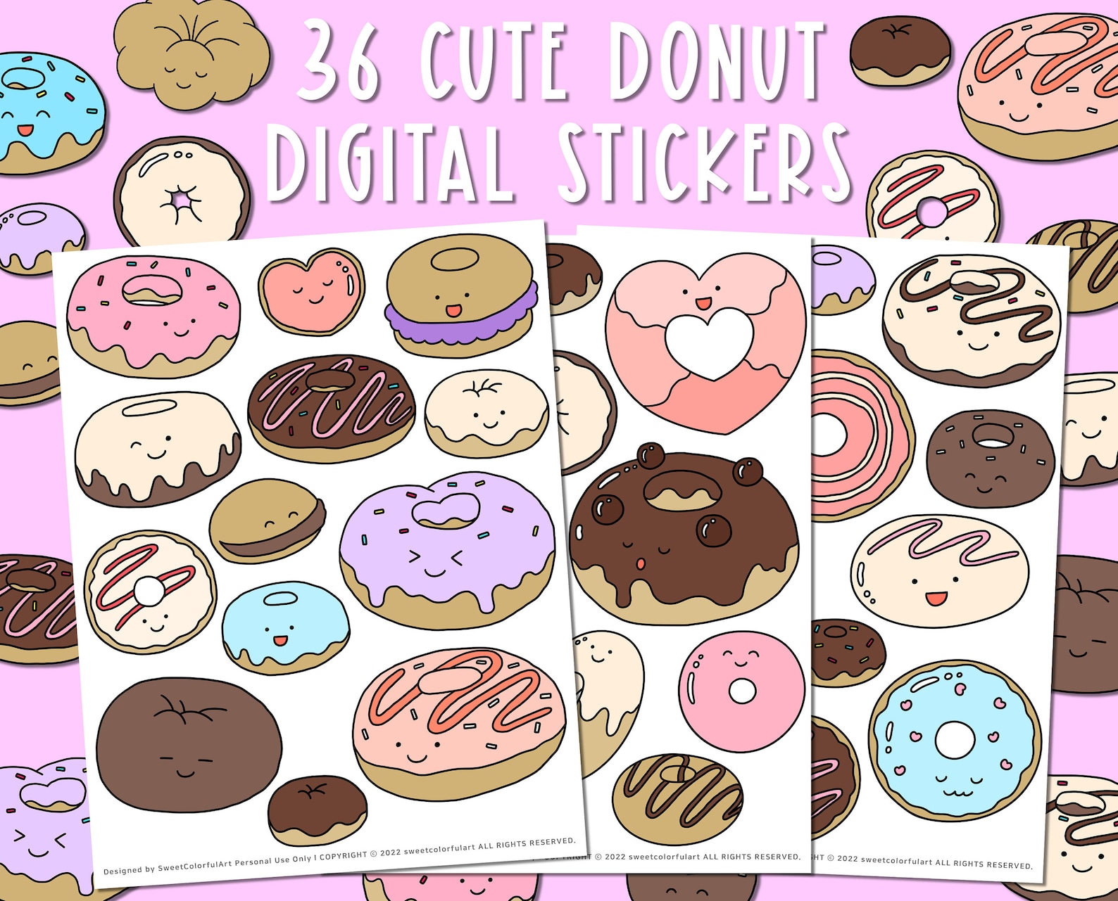 36 Cute Donut Digital Stickers, Cute Doughnut Printable Stickers, Cute ...