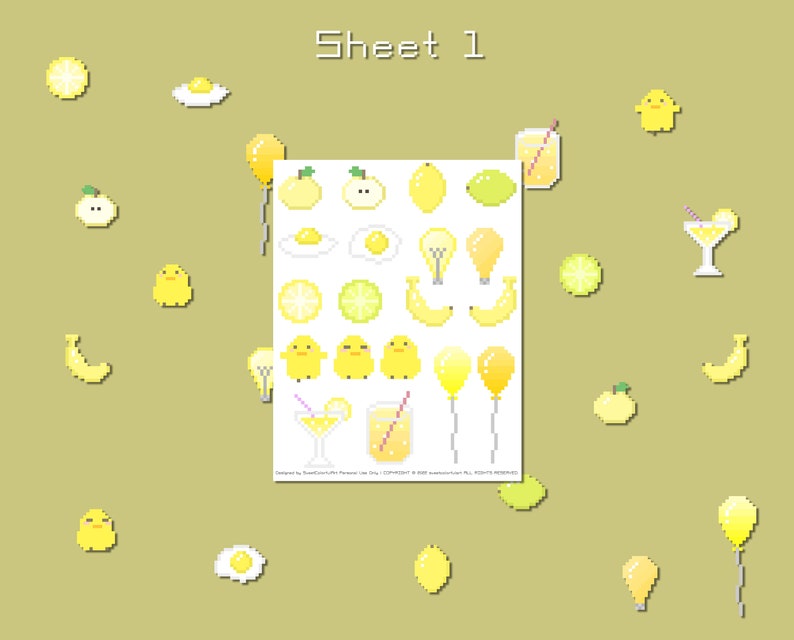 60 Yellow Pixel Art Digital Sticker Pack Cute Pixel Art - Etsy