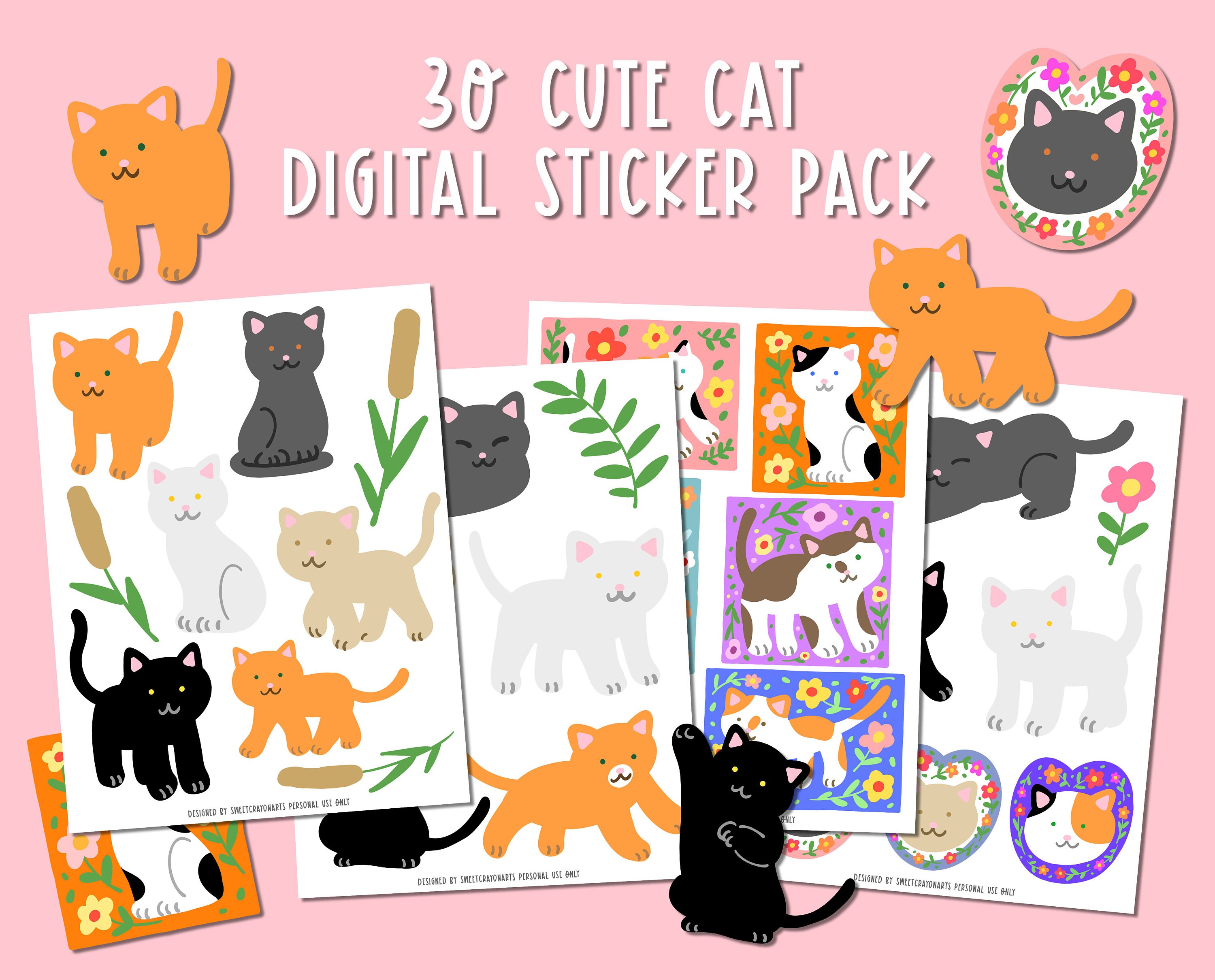30 Cute Cat Sticker Pack, Stickers for Ipad, Printable Stickers, Cat ...