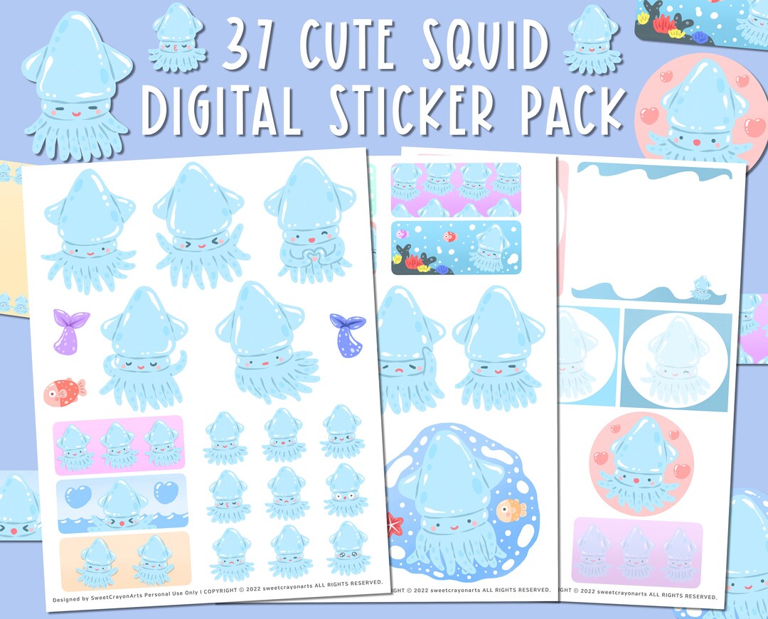 37 Cute Squid Digital Sticker Pack, Squid Printable Stickers, Goodnotes ...