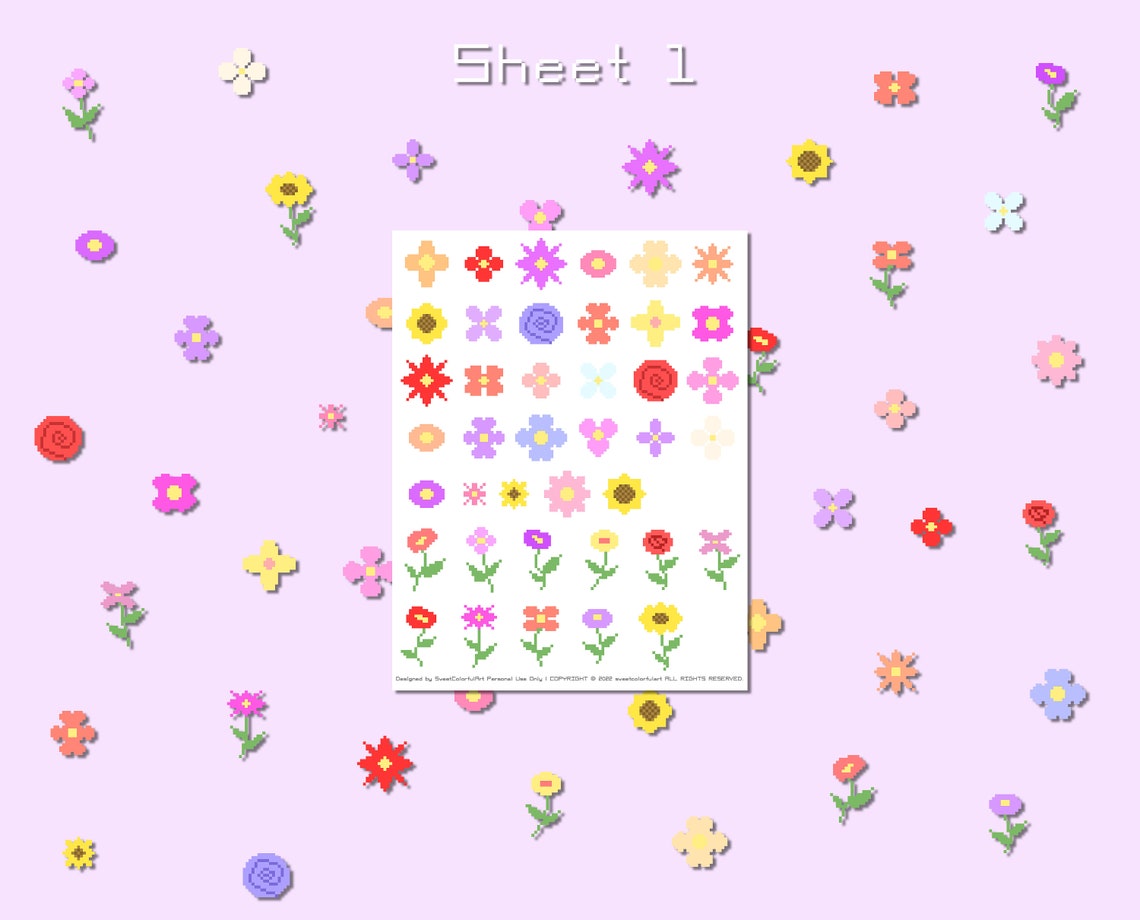 62 Flower Pixel Art Digital Sticker Pack Cute Pixel Art - Etsy