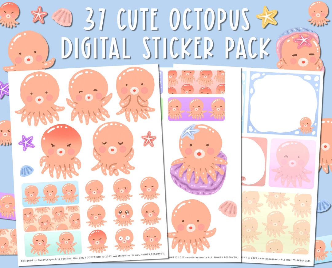 37 Cute Octopus Digital Sticker Pack, Cute Octopus Printable Stickers ...