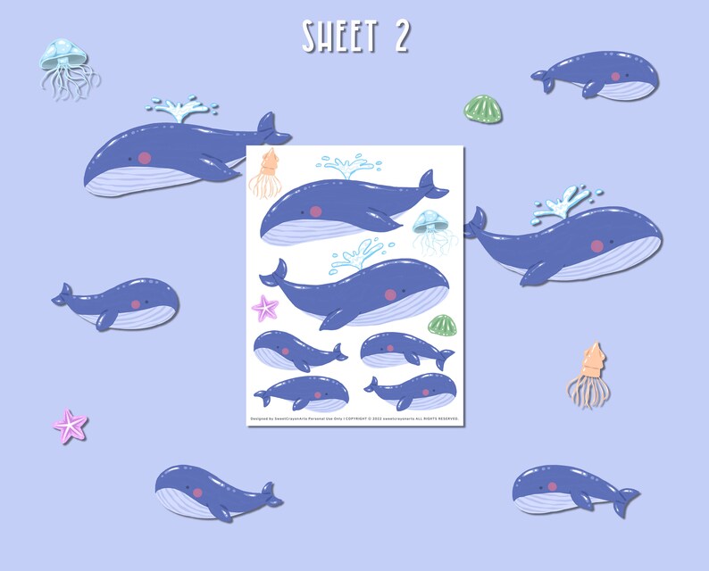 34 Cute Whale Digital Sticker Pack, Humpback Whale and Dolphin ...