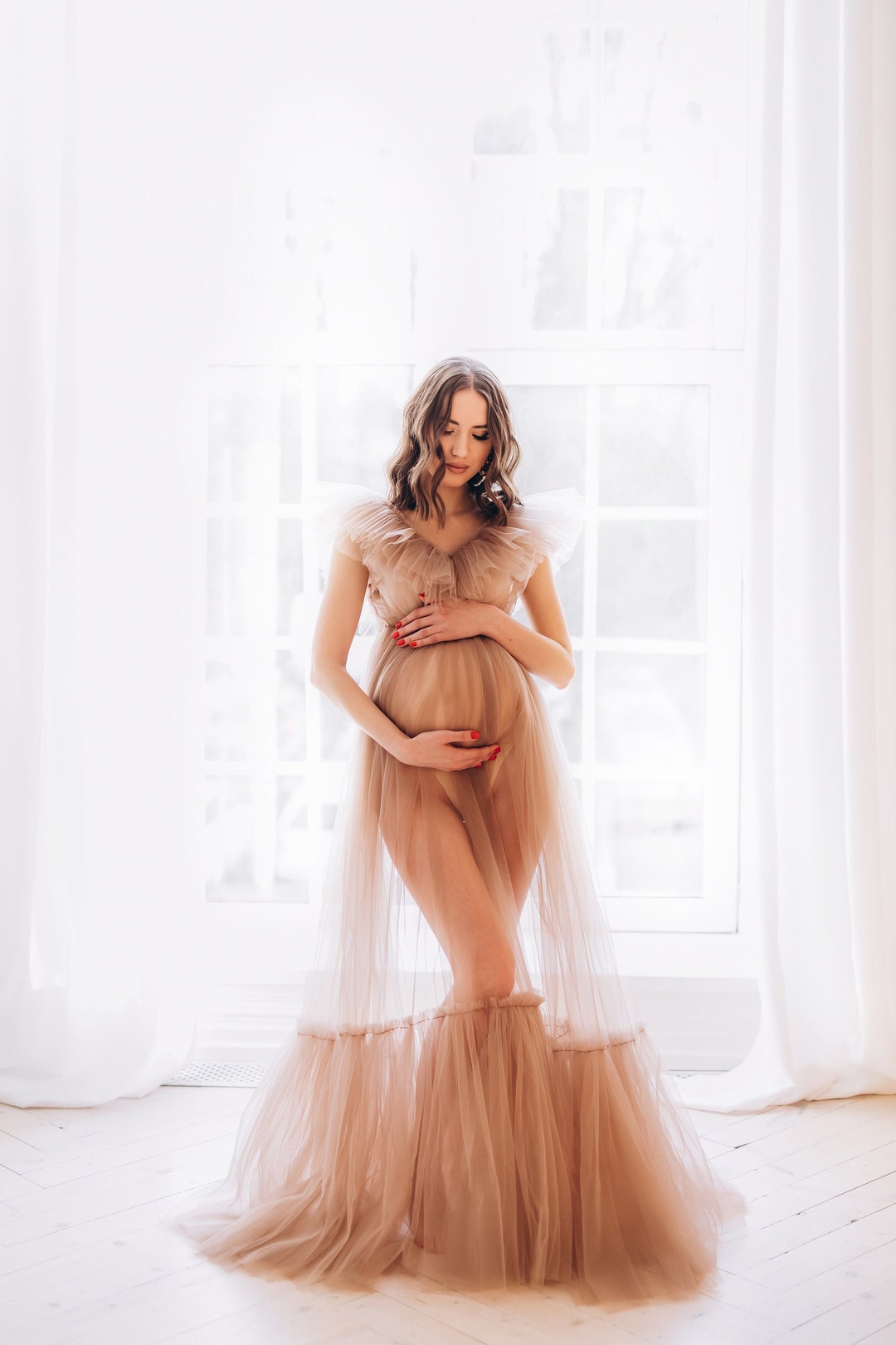 Boudoir dress, tulle dress, long dress brown, tulle dress, maternity maxi dress, brown maxi ...