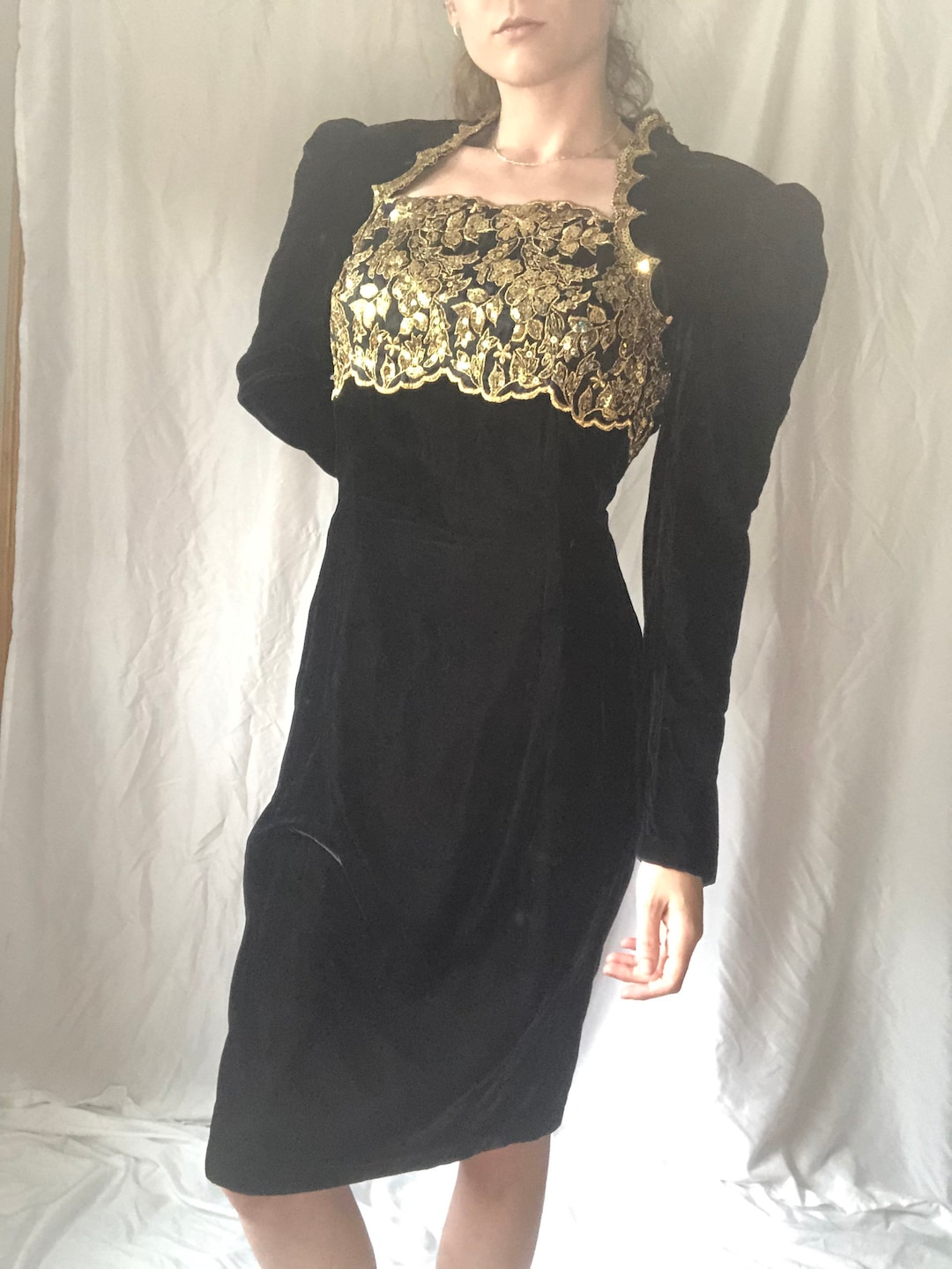 80s Vintage Gold and Black Dress - Etsy
