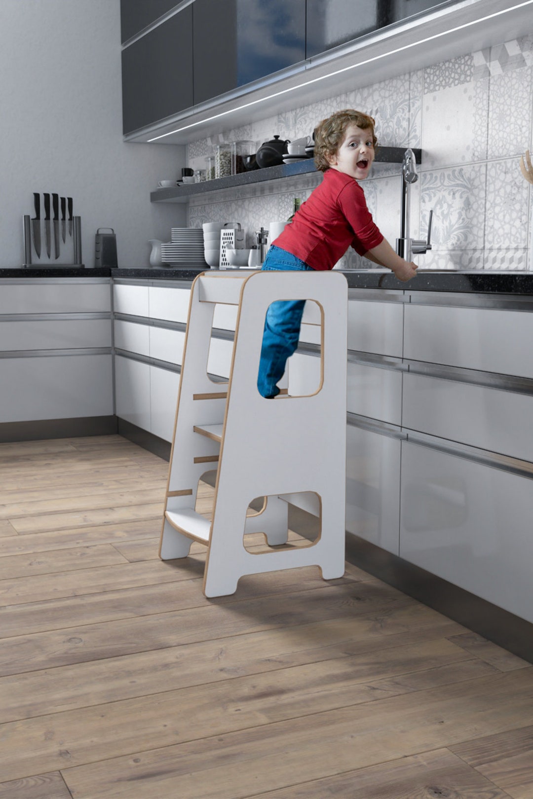 White Learning Tower for Kids: Montessori Standing Kitchen Step Stool ...