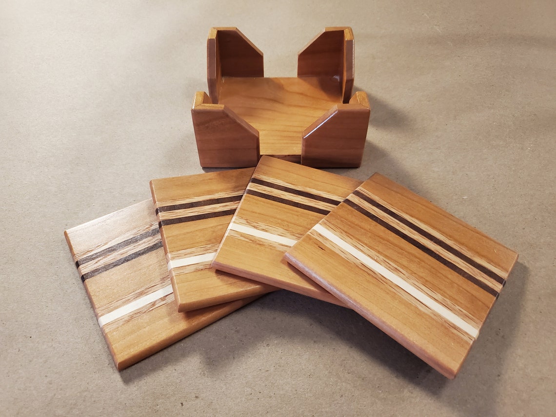 Wooden Coaster Set With Holder Coaster Set of 4 Drink Coaster Set - Etsy