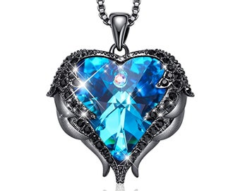 Blue Heart & Angel Wing Necklace Swarovski Crystal Heart | Etsy