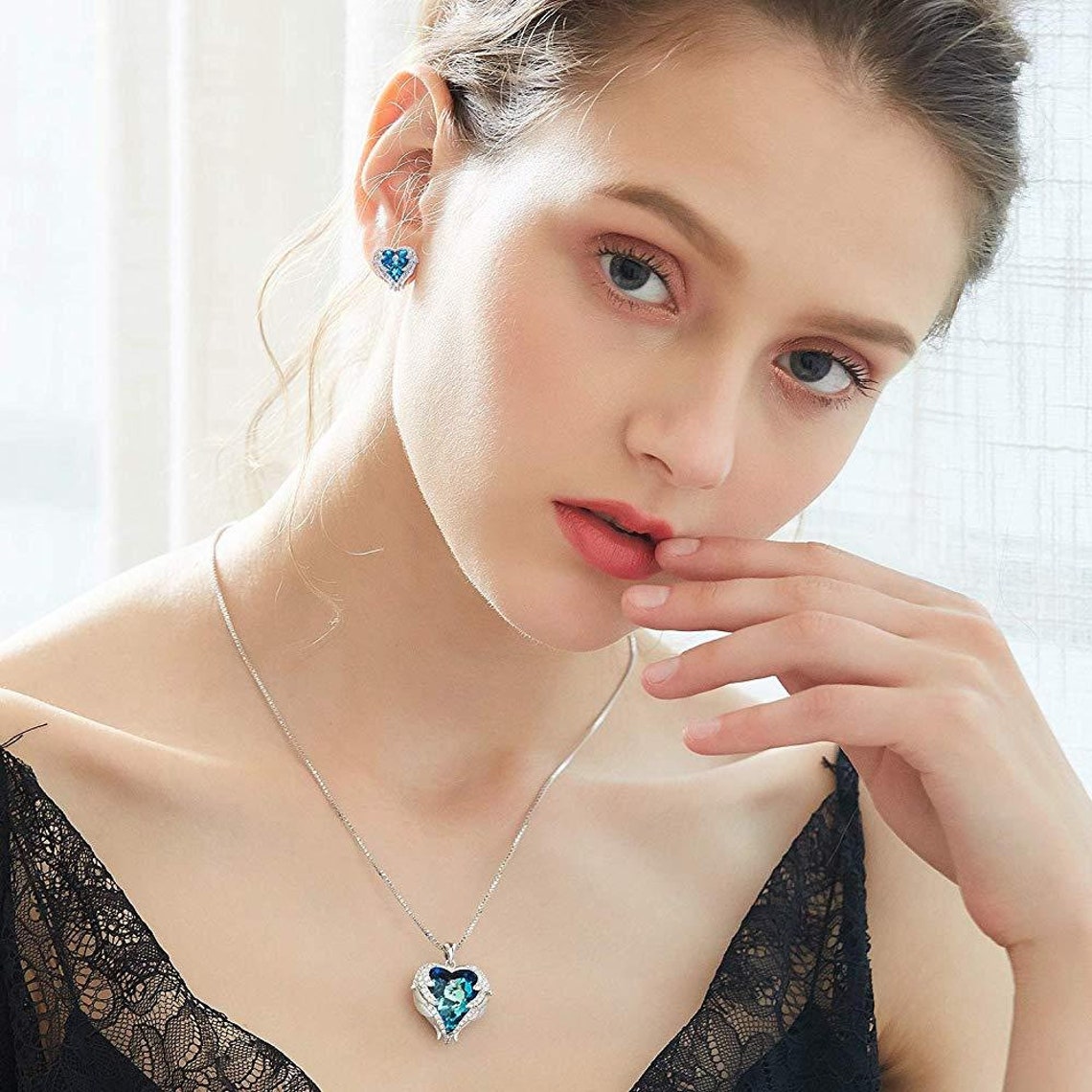 Blue Heart & Angel Wing Necklace, Swarovski Crystal Heart Pendant ...