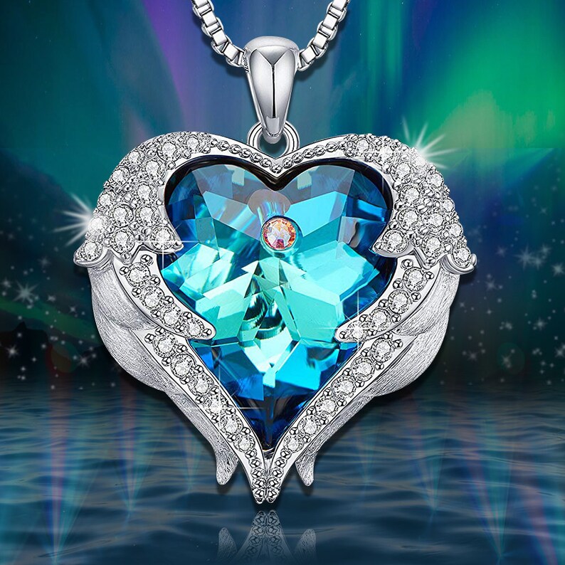 Blue Heart & Angel Wing Necklace, Swarovski Crystal Heart Pendant ...
