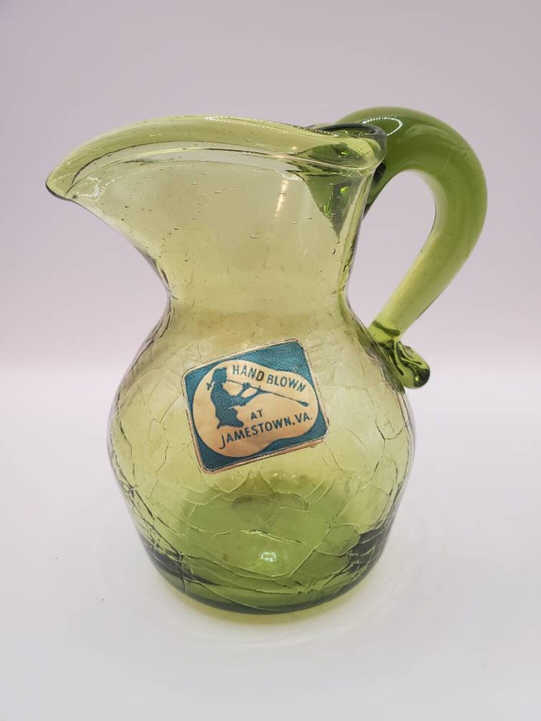 Jamestown Hand Blown Green Crackle Glass Pitcher With Handle Vase - Etsy