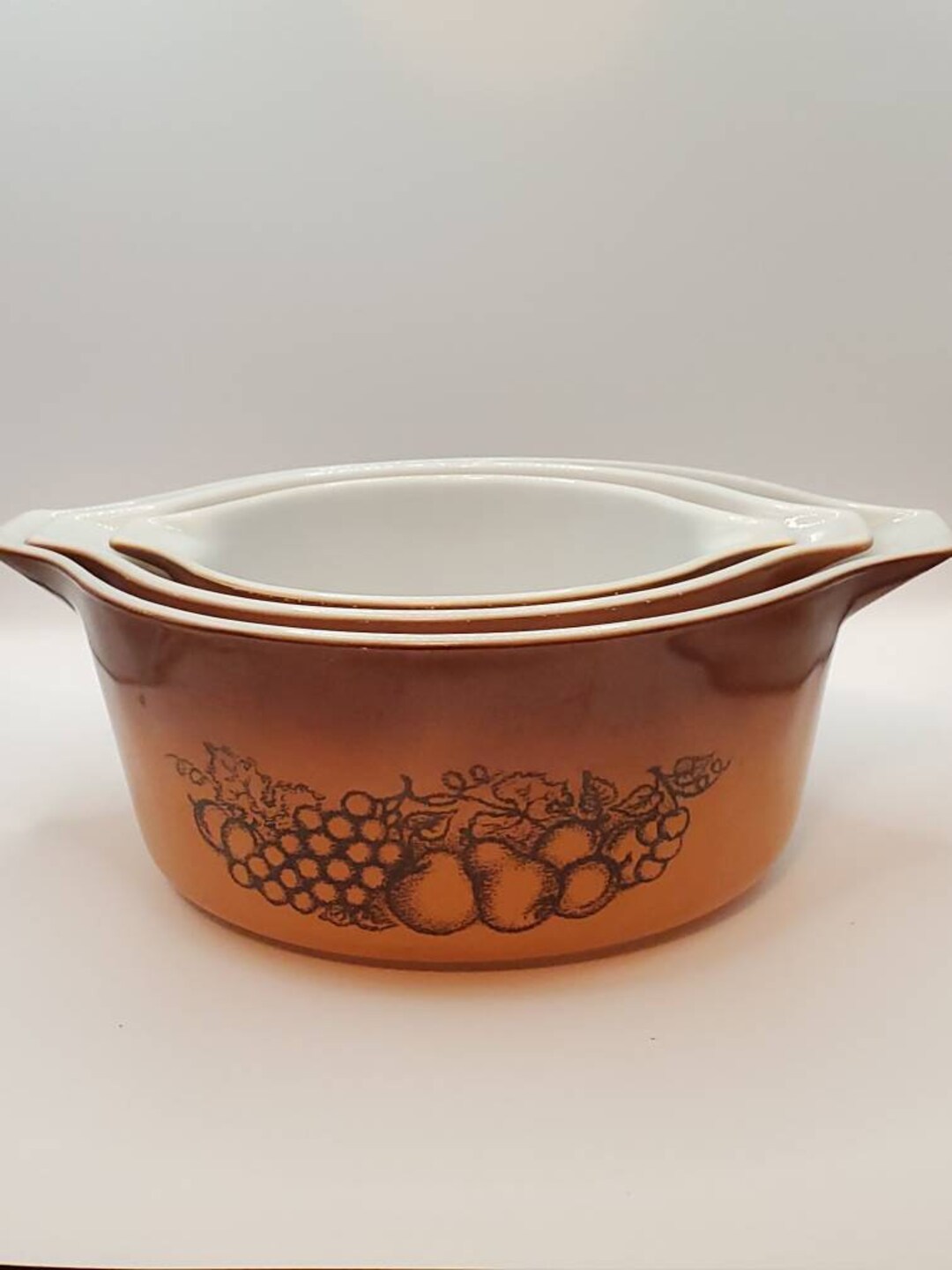 Pyrex Ovenware/ Mixing Bowls Old Orchard Harvest Fruit 2 Qt. # 475, 1.5 Qt. #474, and 1 Qt. #473 ...