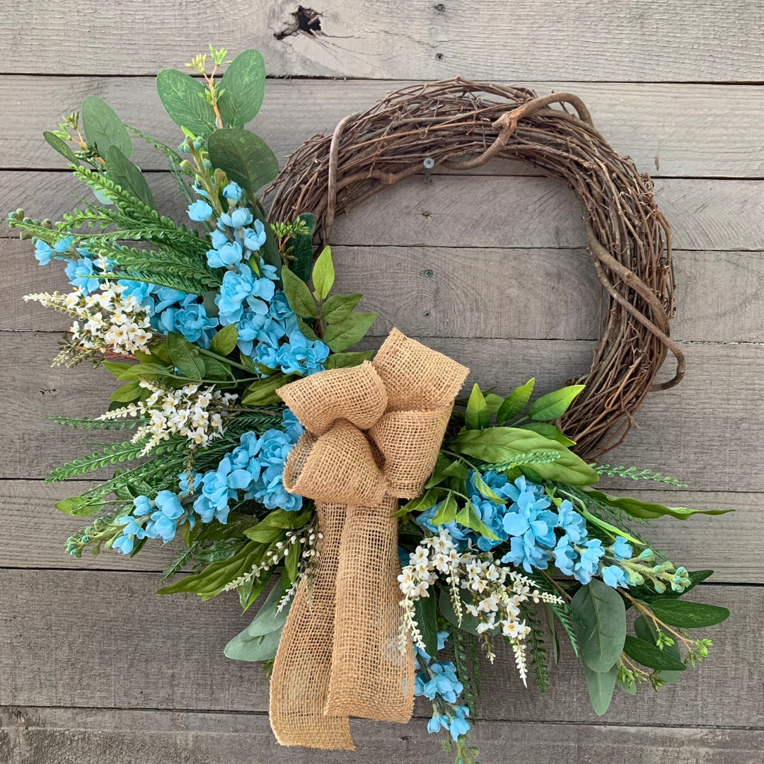 Blue and White Spring Wreath, Summer Wreath for Front Door, Mothers Day ...