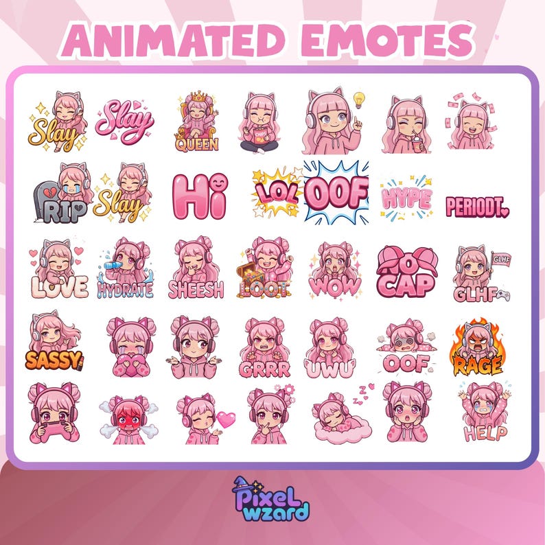 70 Animated Pink Chibi Emotes Bundle | Kawaii Gamer Girl Twitch Discord ...