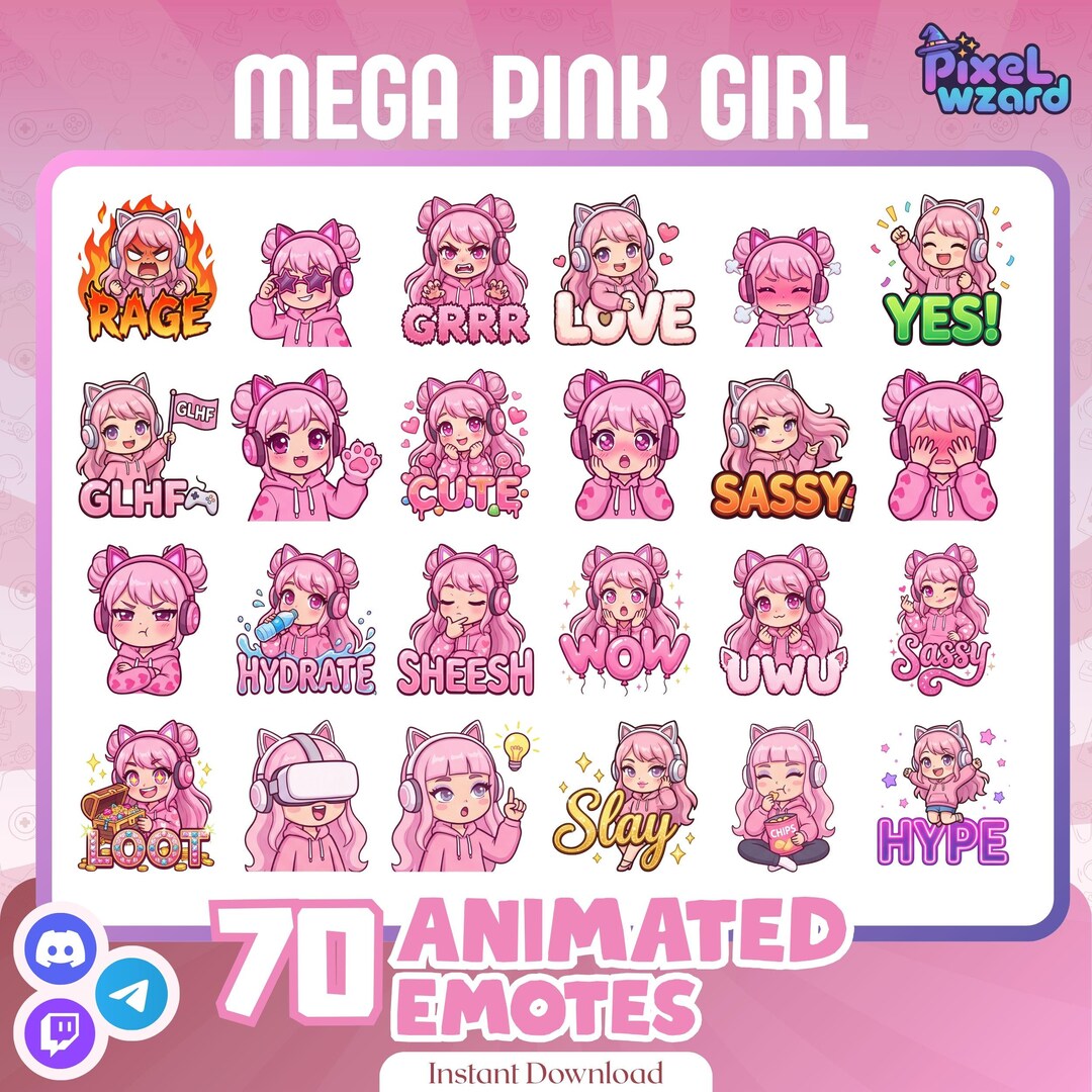 70 Animated Pink Chibi Emotes Bundle | Kawaii Gamer Girl Twitch Discord ...