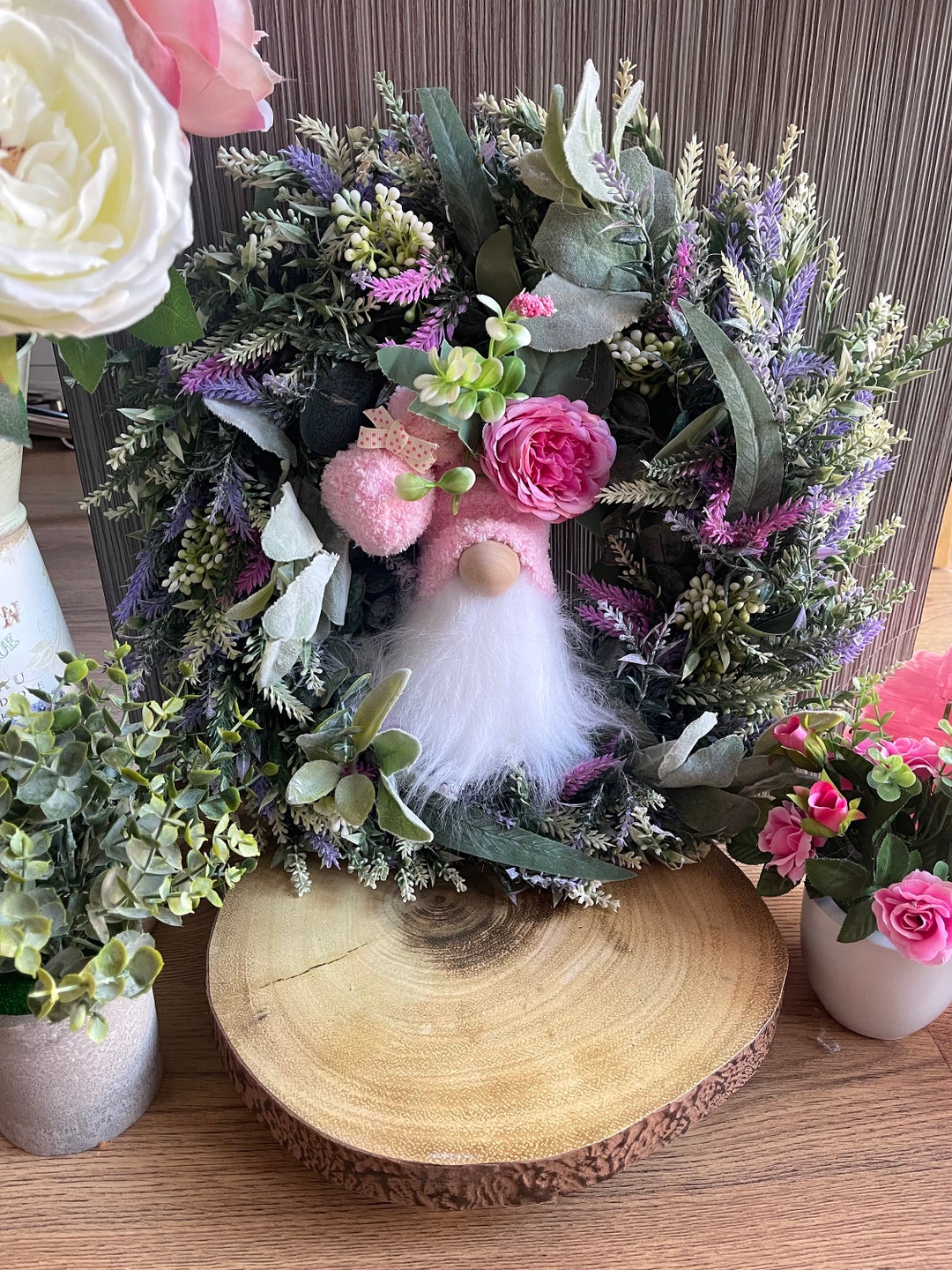 Wreath Spring Summer Gonk Wreath Flower Gonk , Lavender Wreath Gnome ...