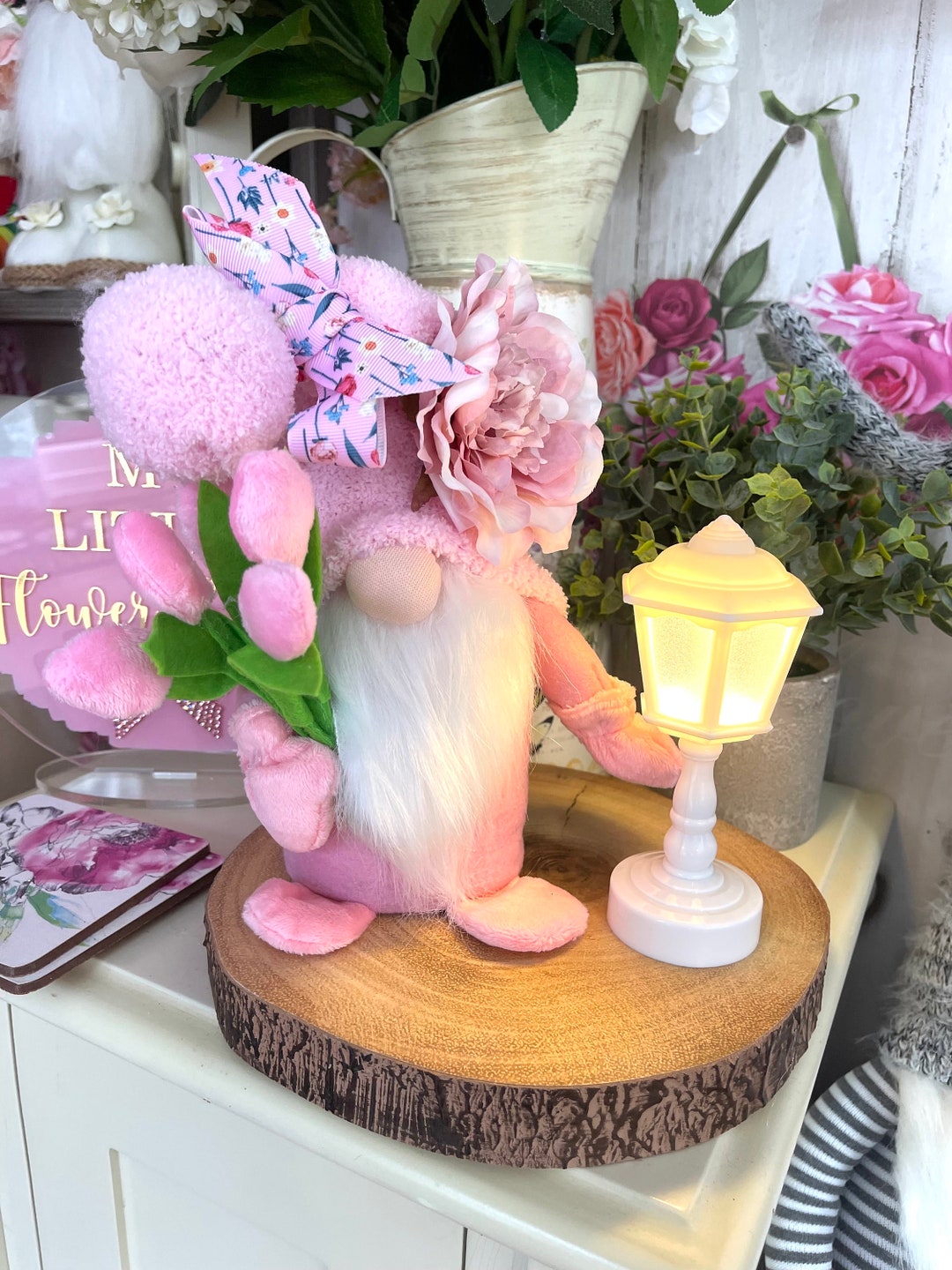 Pink Flower Gonk Gnome With Lamp Light - Spring Decor - Etsy UK