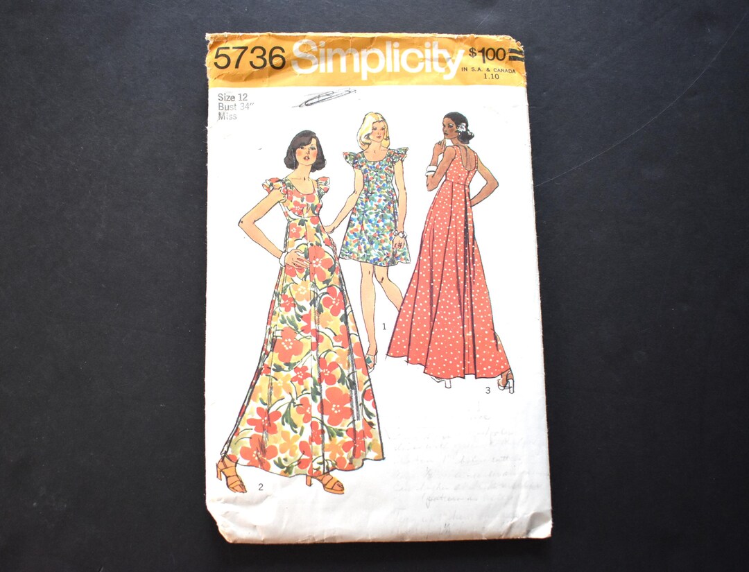 Simplicity 5736 Sewing Pattern - Misses Size 12 Dresses / Muumuus (1973 ...