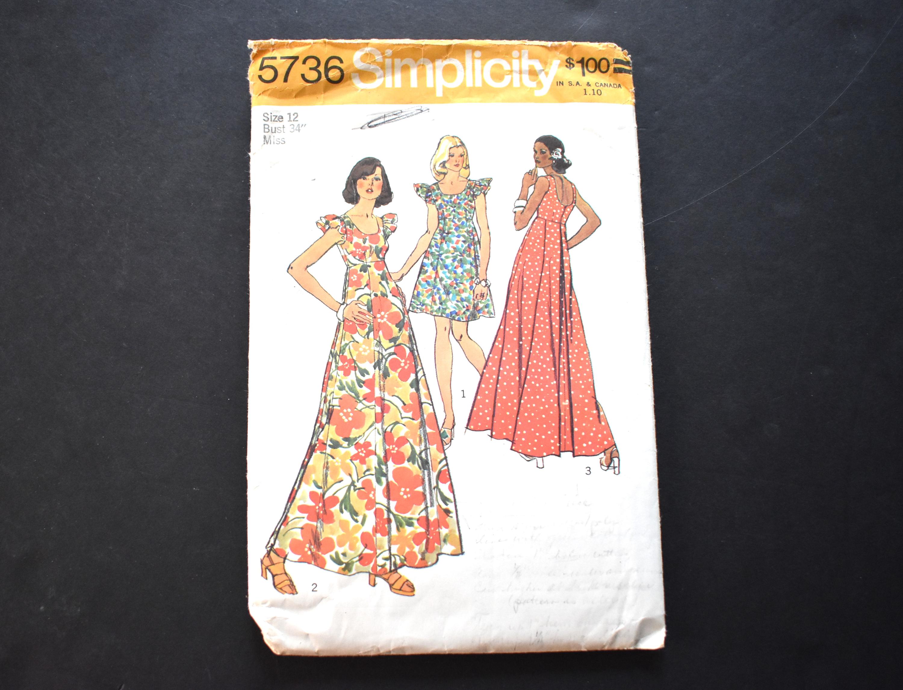 Simplicity 5736 Sewing Pattern - Misses Size 12 Dresses / Muumuus (1973 ...