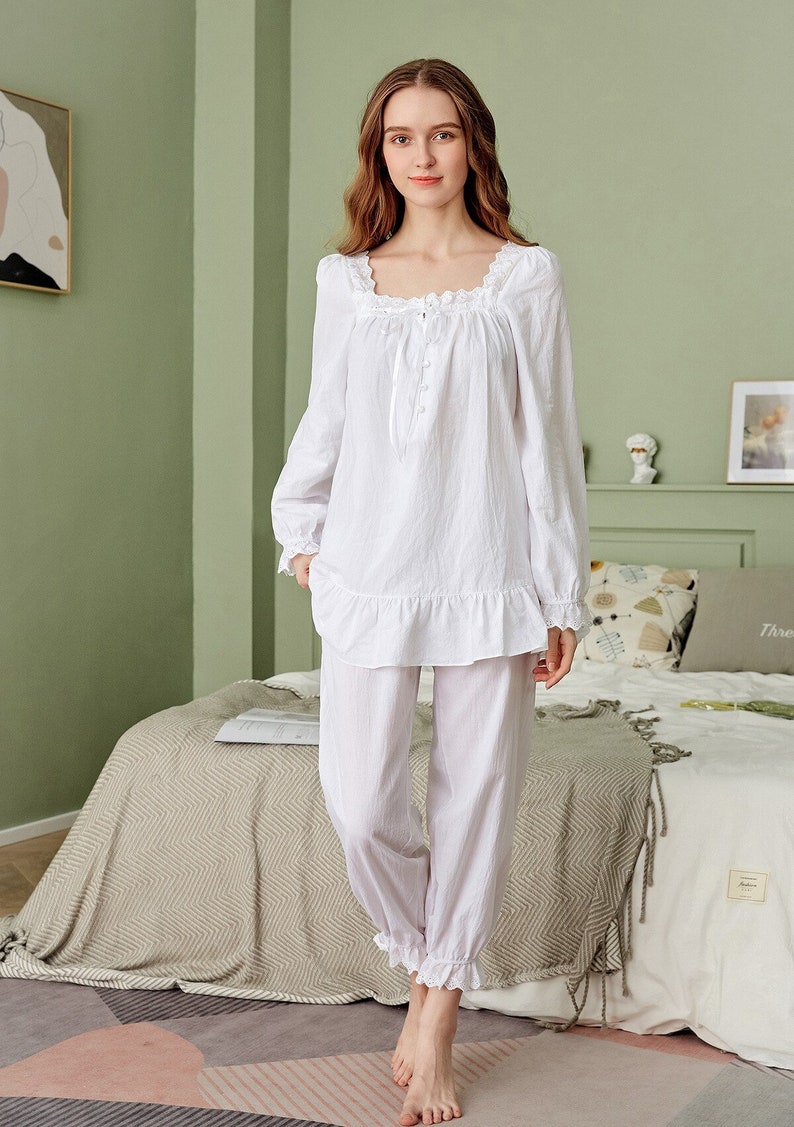 Victorian Cotton Pajama Set Women White Vintage Pajamas Lace - Etsy