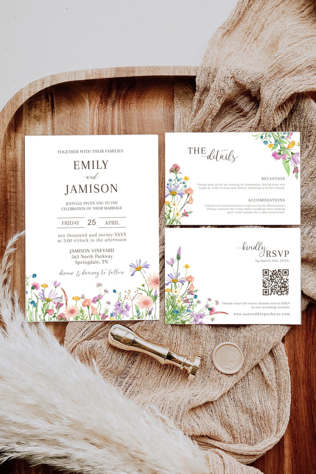 Spring Wildflower Wedding Invitation Set Template, Meadow Flowers ...