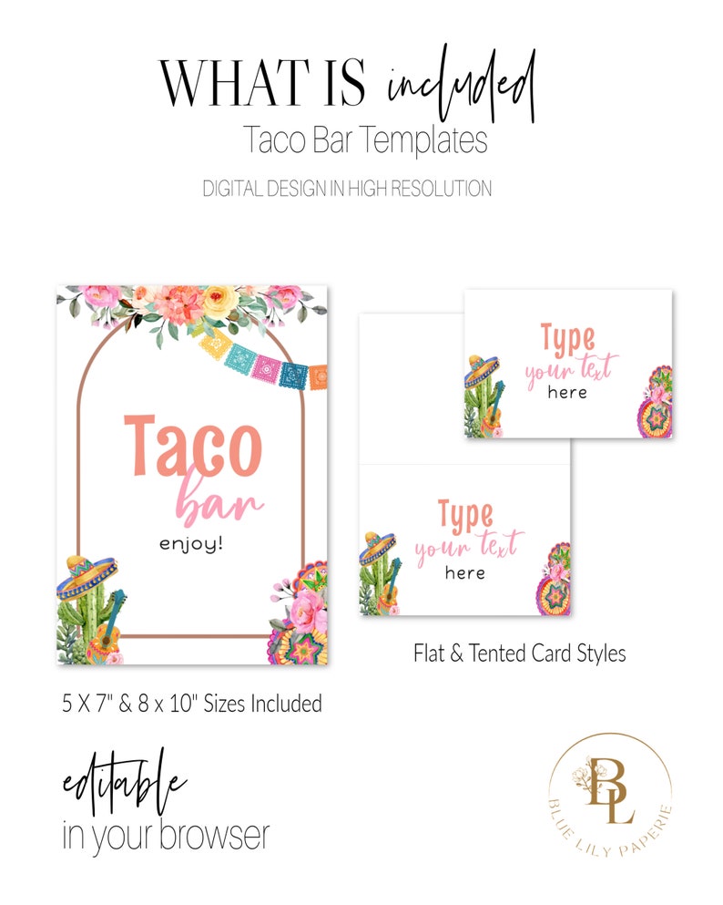 Fiesta Taco Bar Sign & Buffet Cards, Editable Bridal Shower Templates ...