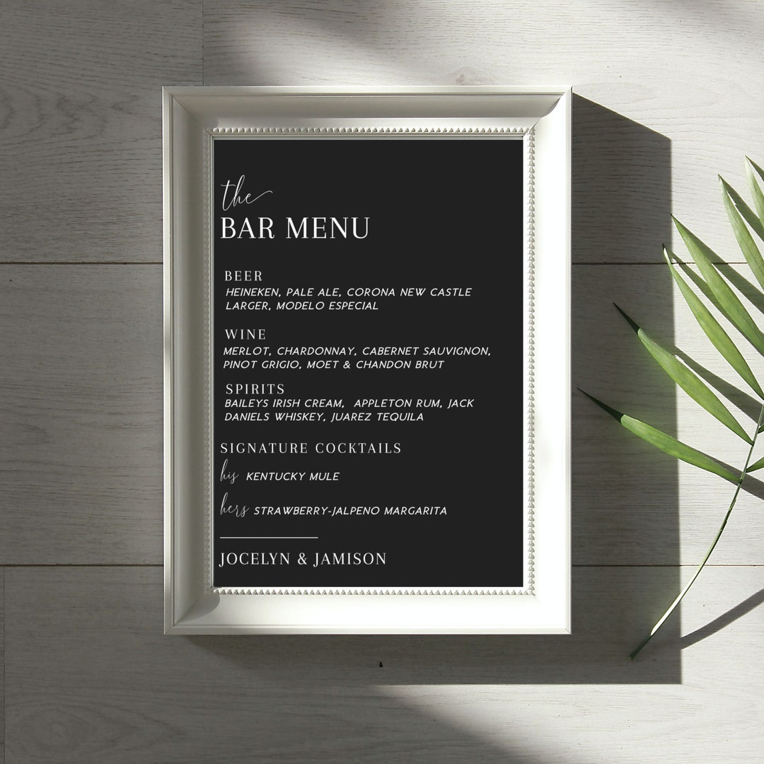 Minimal Wedding Bar Menu, Modern Wedding Bar Menu Template, Wedding Bar ...