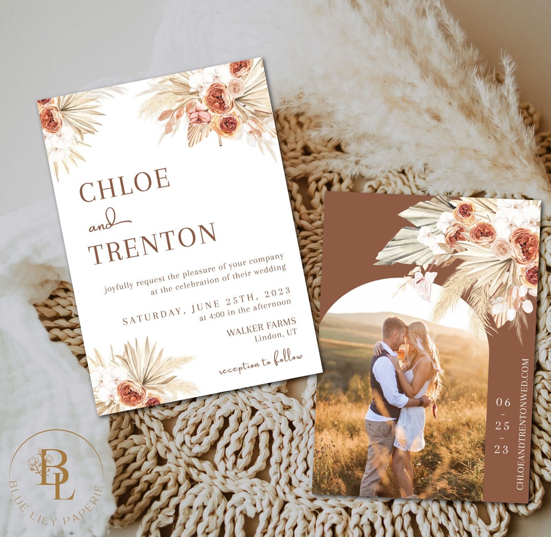 Terracotta Wedding Invitation Template, Boho Pampas Grass Wedding ...