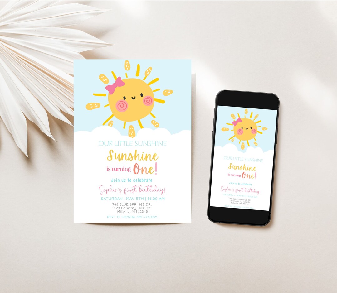 Sunshine Birthday Invitation | Cute Sunshine Rainbow Birthday Invite ...