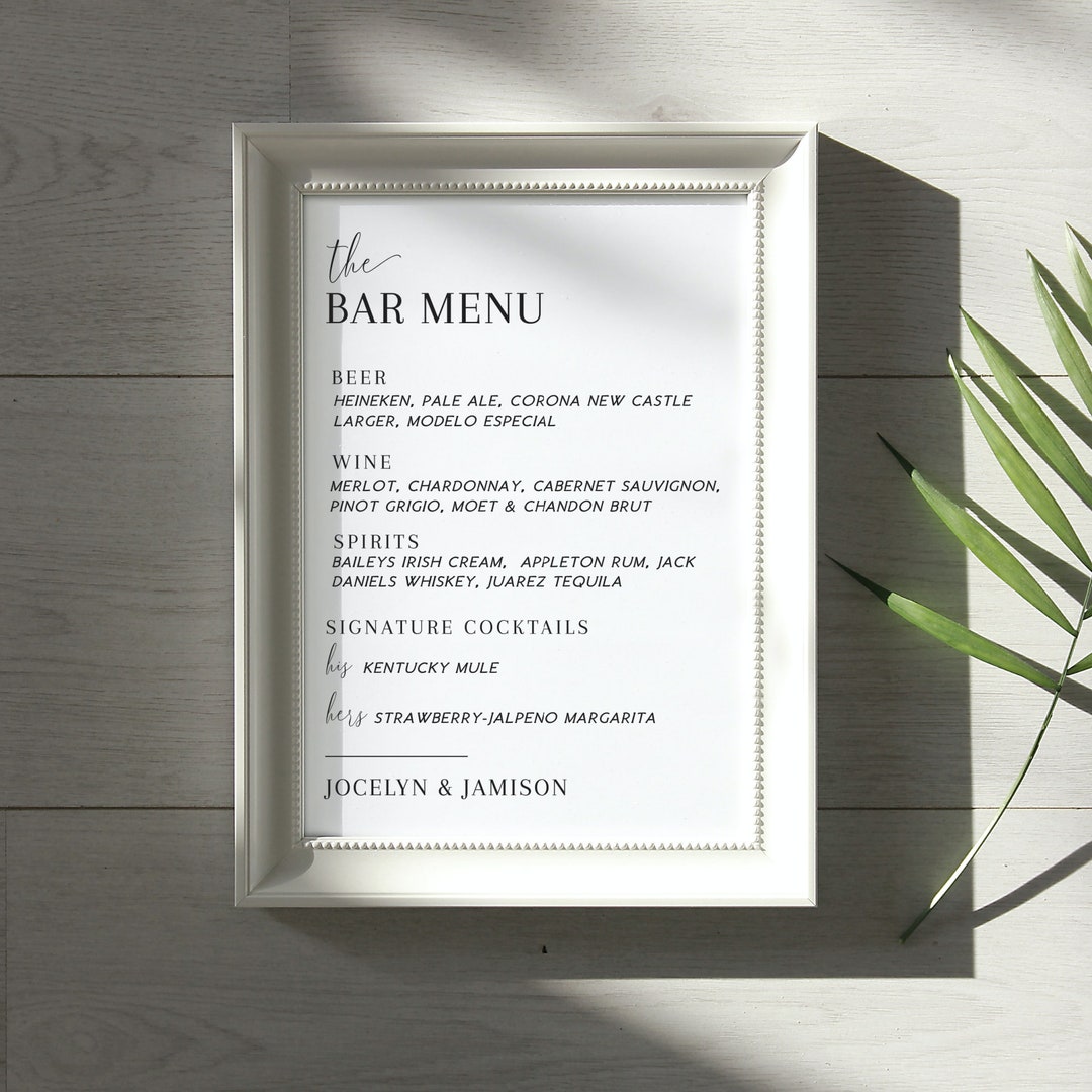 Minimal Wedding Bar Menu, Modern Wedding Bar Menu Template, Wedding Bar ...