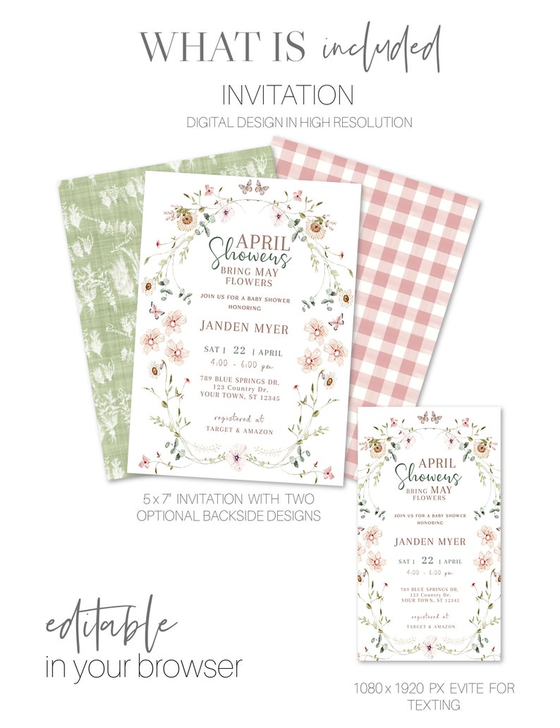 April Showers Baby Shower DIY Invitation, Neutral Pastel Wildflower ...
