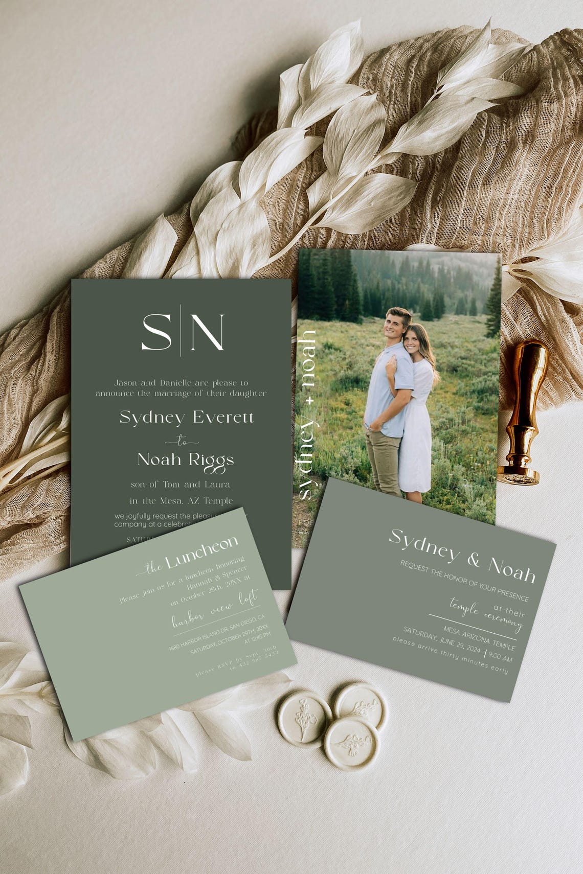 LDS Minimal Wedding Invitation in Greens, Temple Wedding Invitation ...