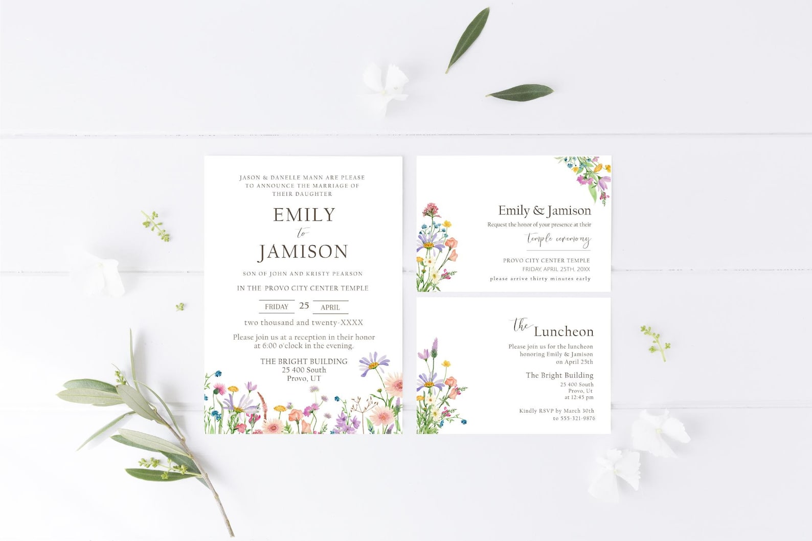 LDS Spring Wildflower Wedding Invitation Set Template, Pastel Flowers ...