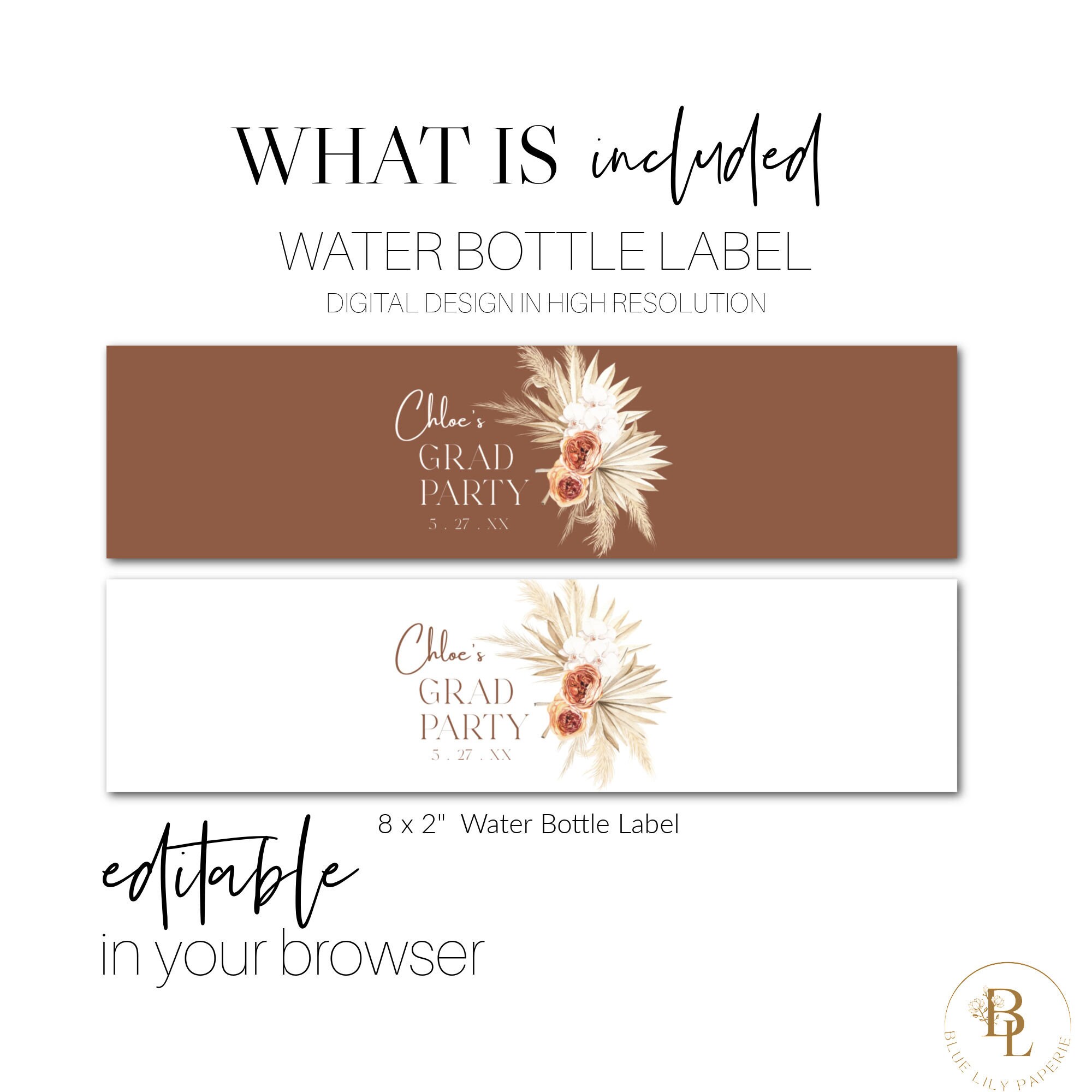 Boho Water Bottle Label Template, Graduation Party Water Bottle Label ...