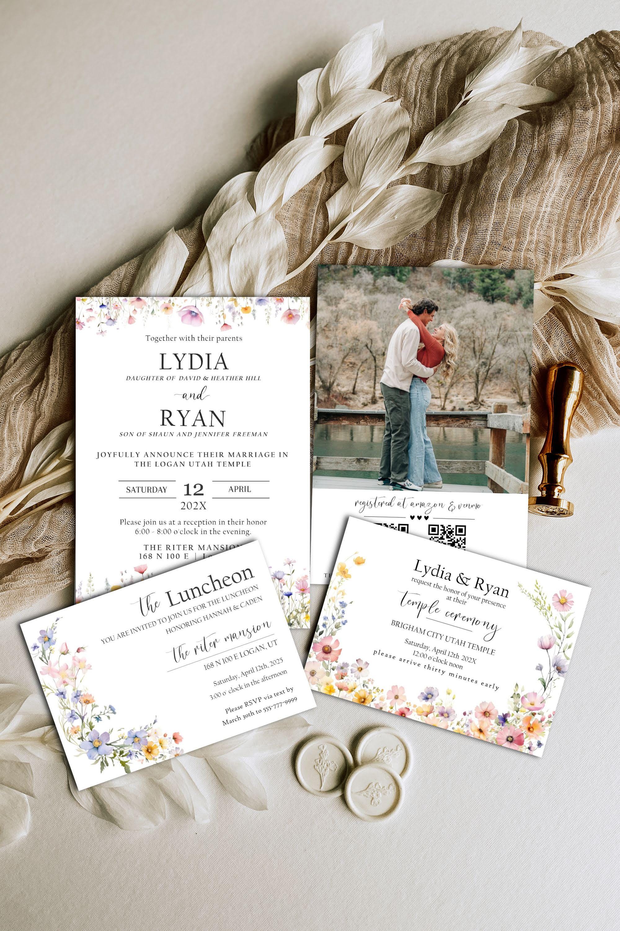 LDS Spring Summer Wildflower Wedding Invitation Set Template, Pastel ...