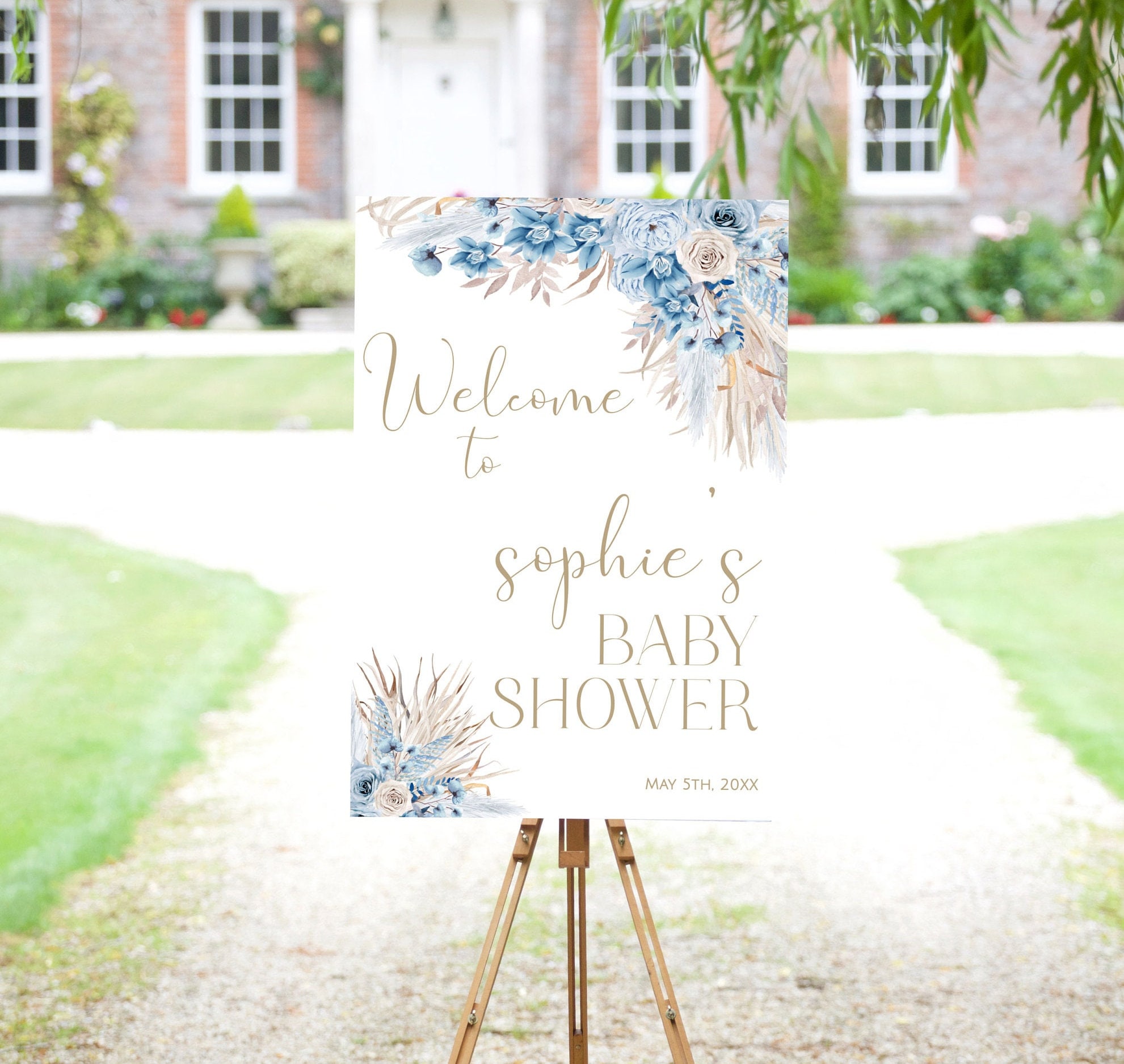 Boho Blue Floral Baby Shower Welcome Sign, Boy Baby Shower Welcome Sign ...