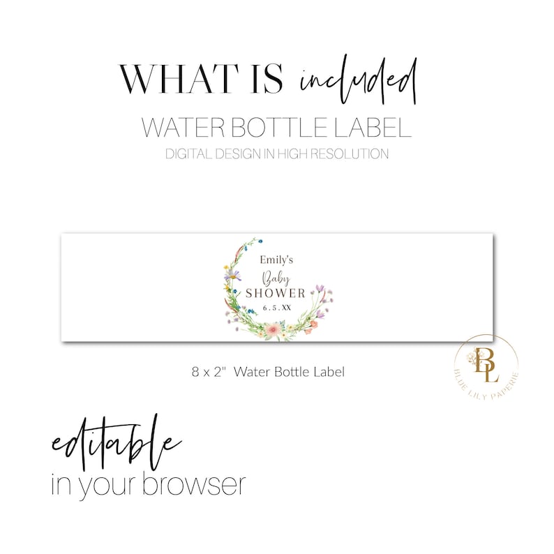 Wildflower Water Bottle Label Template, Wildflower Shower Water Label ...