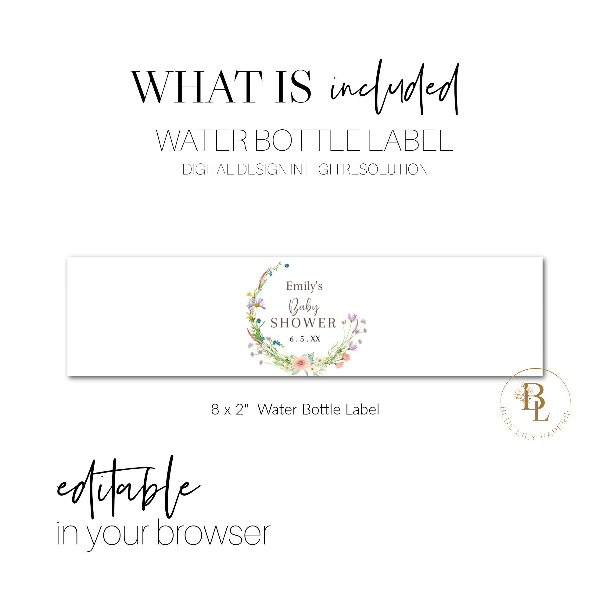 Wildflower Water Bottle Label Template, Wildflower Shower Water Label ...